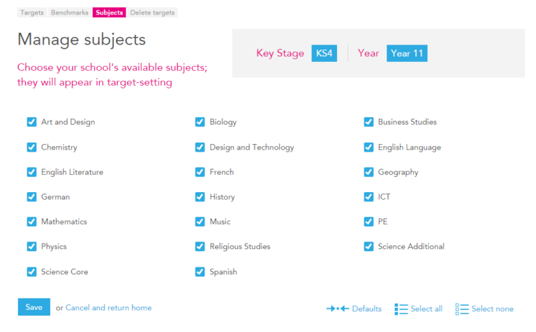 Manage target setting - subjects - FFT Help Centre
